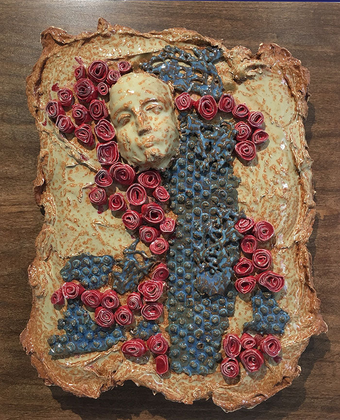 BED OF ROSES, Ceramic mounted on Wood, 22"H x 17"W x 4"D, 2017 – Maxson Art